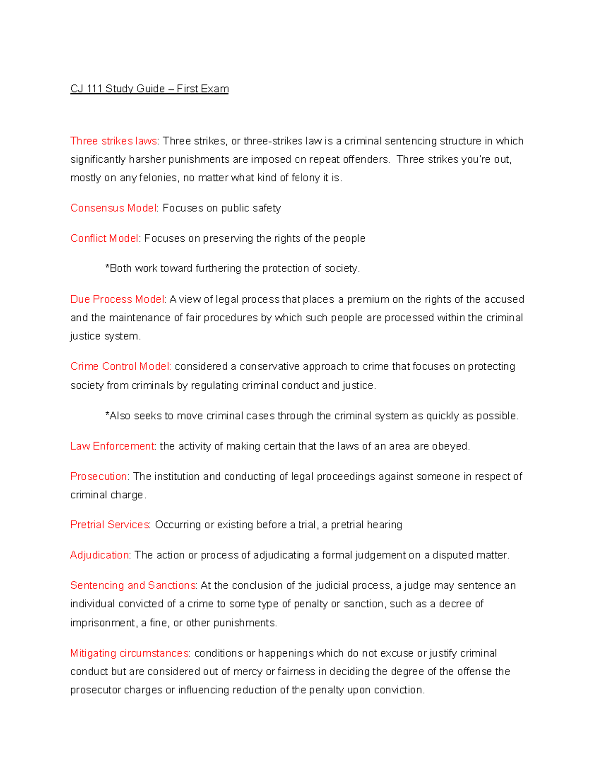 CJ 111 Study Guide – First Exam - CJ 111 Study Guide – First Exam Three ...