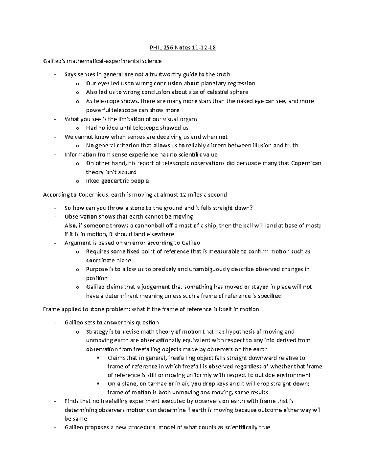 PHIL 256 Notes 11-12-18 - PHIL 256 Notes science Says senses in general ...