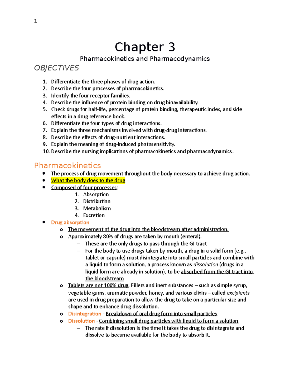 Chapter 3 Study Guide, Pharmacology - Chapter 3 Pharmacokinetics and ...