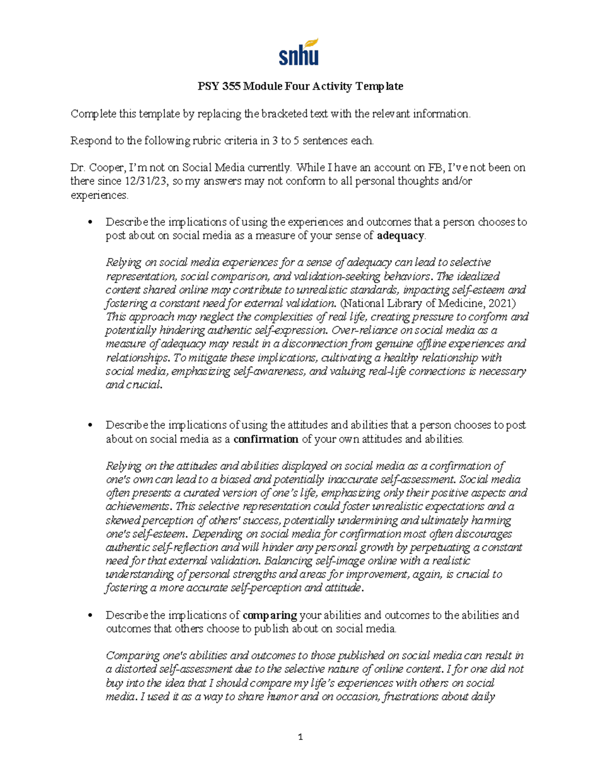 PSY 355 Module Four Activity - Respond to the following rubric criteria ...