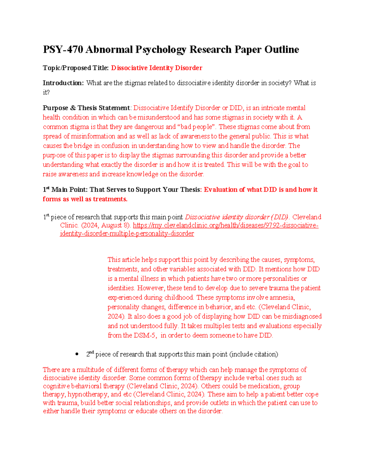 PSY Assignment - PSY-470 Abnormal Psychology Research Paper Outline ...