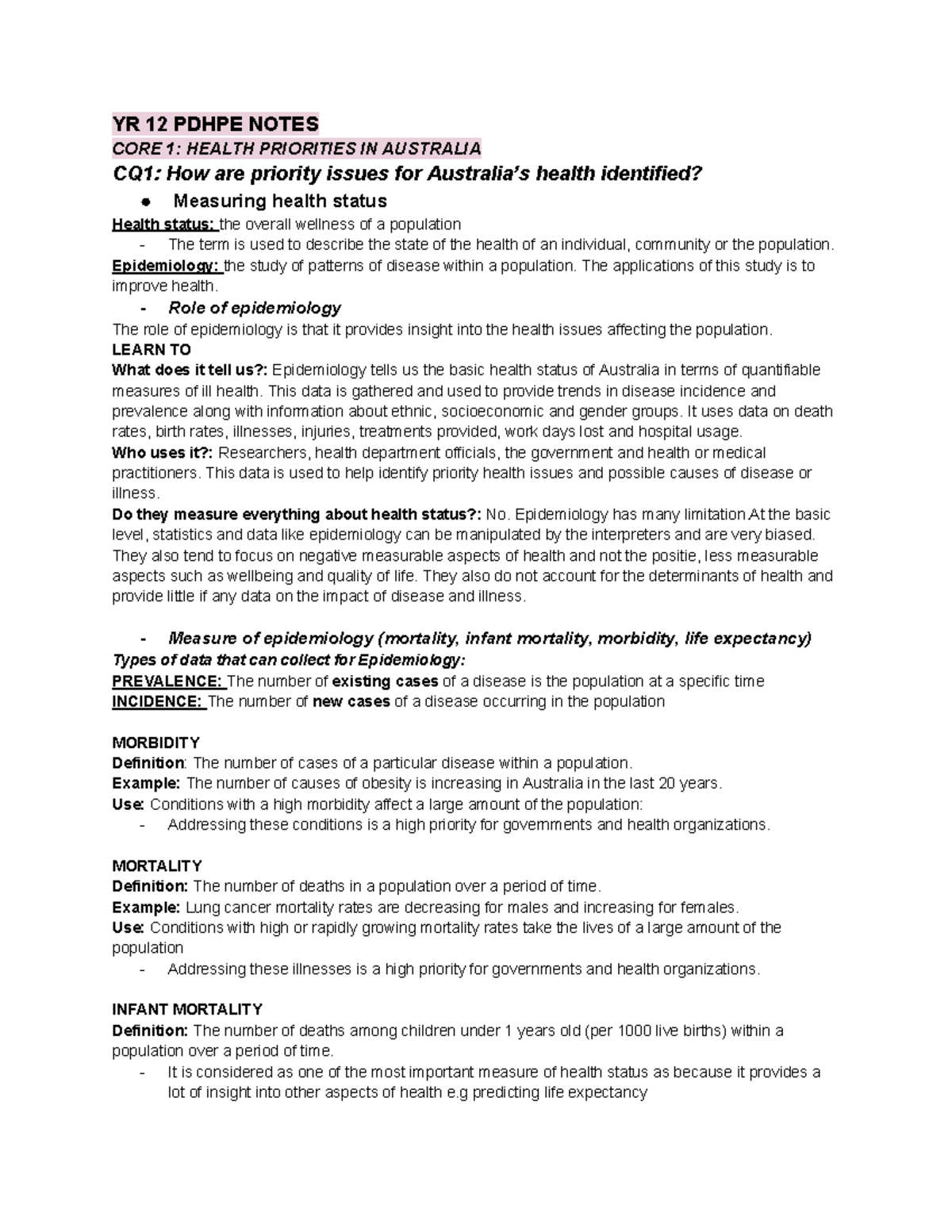 YR 12 CORE 1 Notes - HPIA - core 1 - YR 12 PDHPE NOTES CORE 1: HEALTH ...