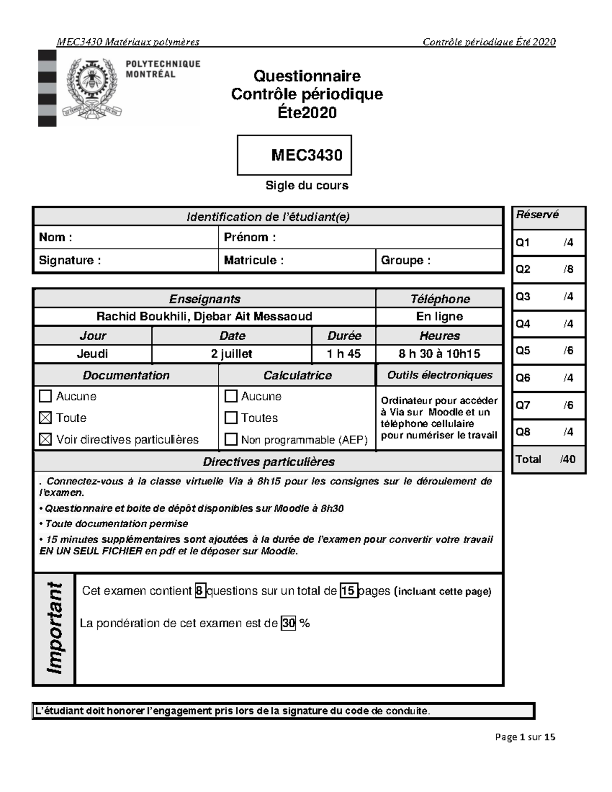 MEC3430-CP-É20 - Controle Périodique - Questionnaire Contrôle ...