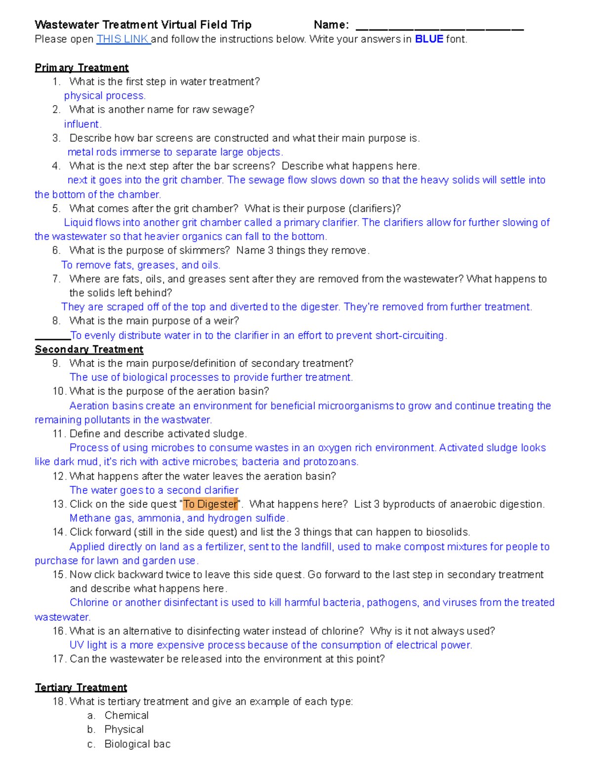 Wastewater Treatment Virtual Field Trip - Write your answers in BLUE ...