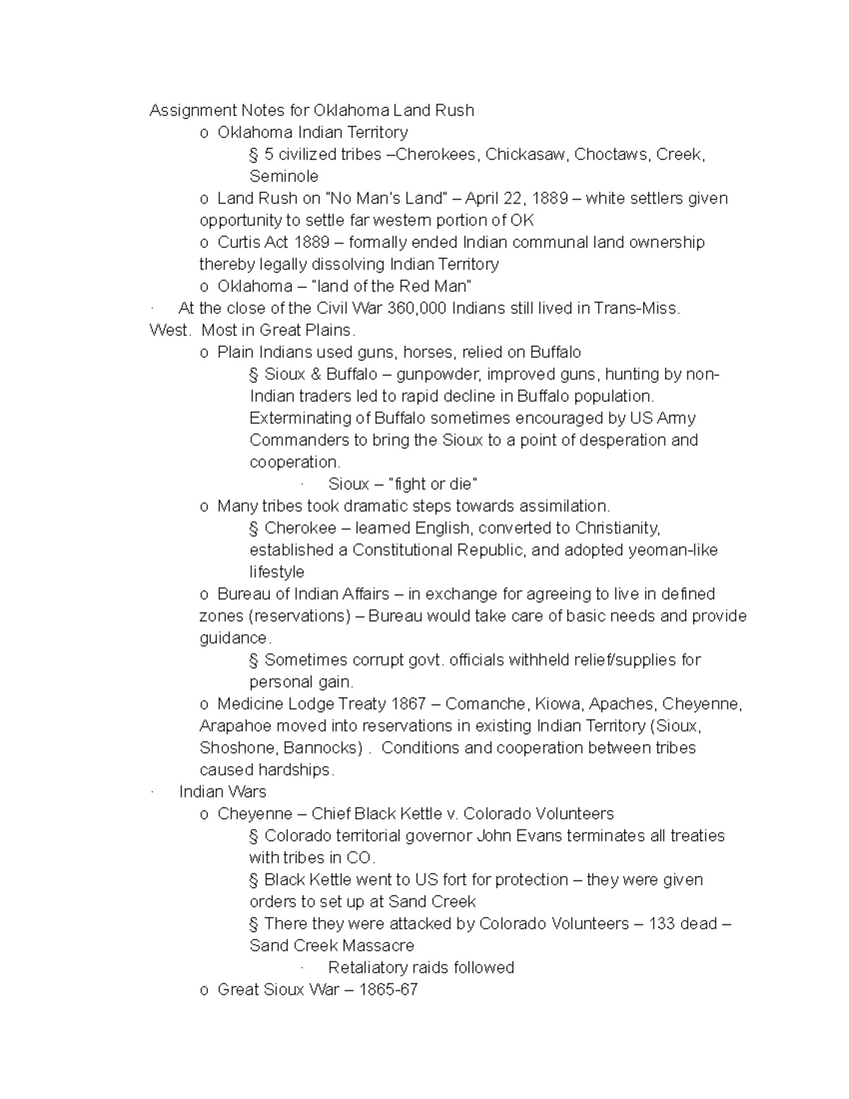 Assignment Notes for Oklahoma Land Rush - West. Most in Great Plains. o ...