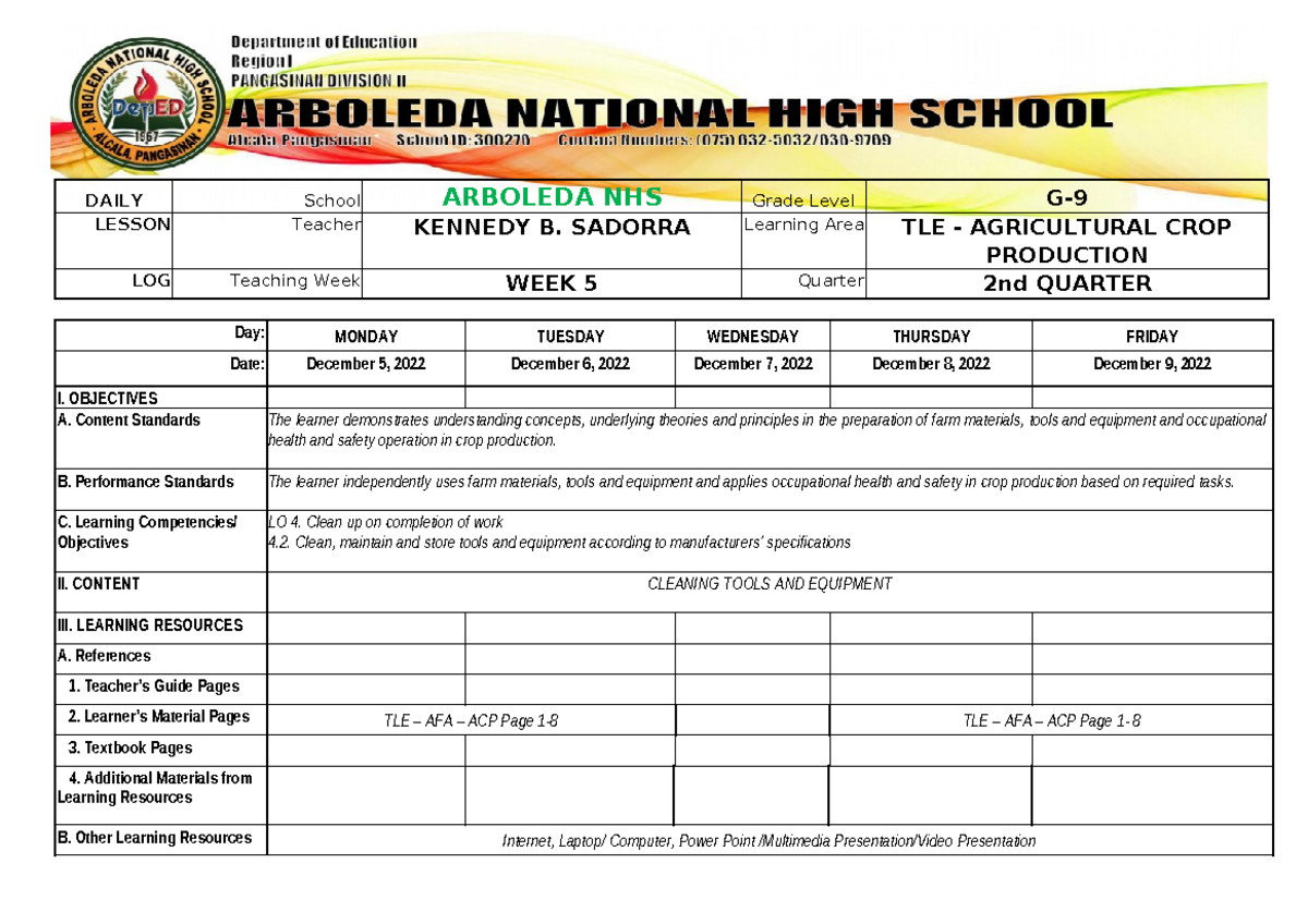 WEEK 5 DLL ACP 9 - Daily lesson log - DAILY School ARBOLEDA NHS Grade ...