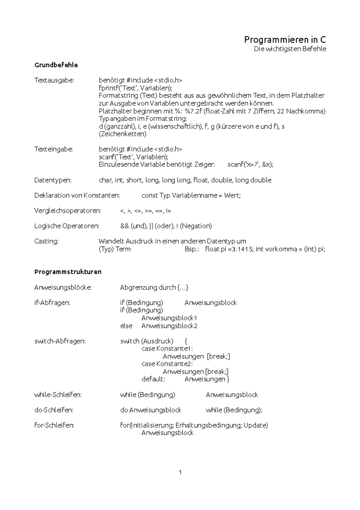 Zusammenfassung Programmierkurs: komplett - Grundbefehle ...