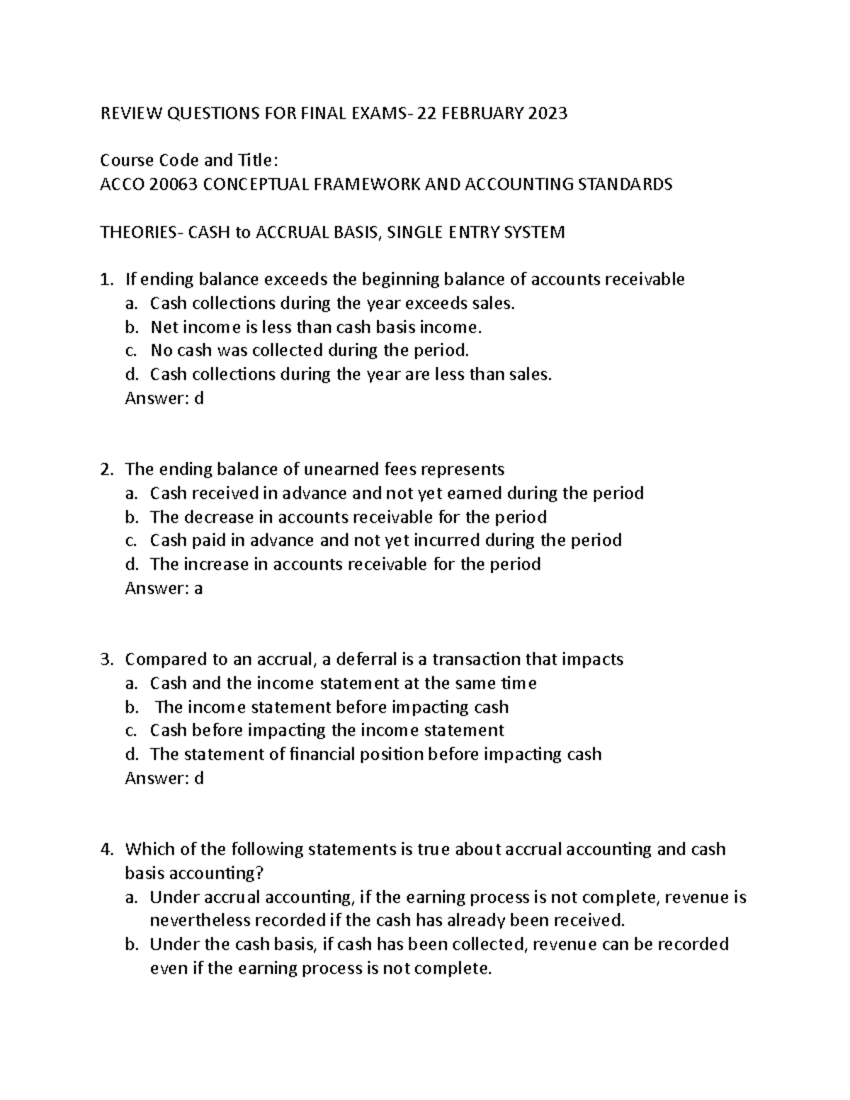 Questions Cash to Accrual Single Entry System - REVIEW QUESTIONS FOR ...