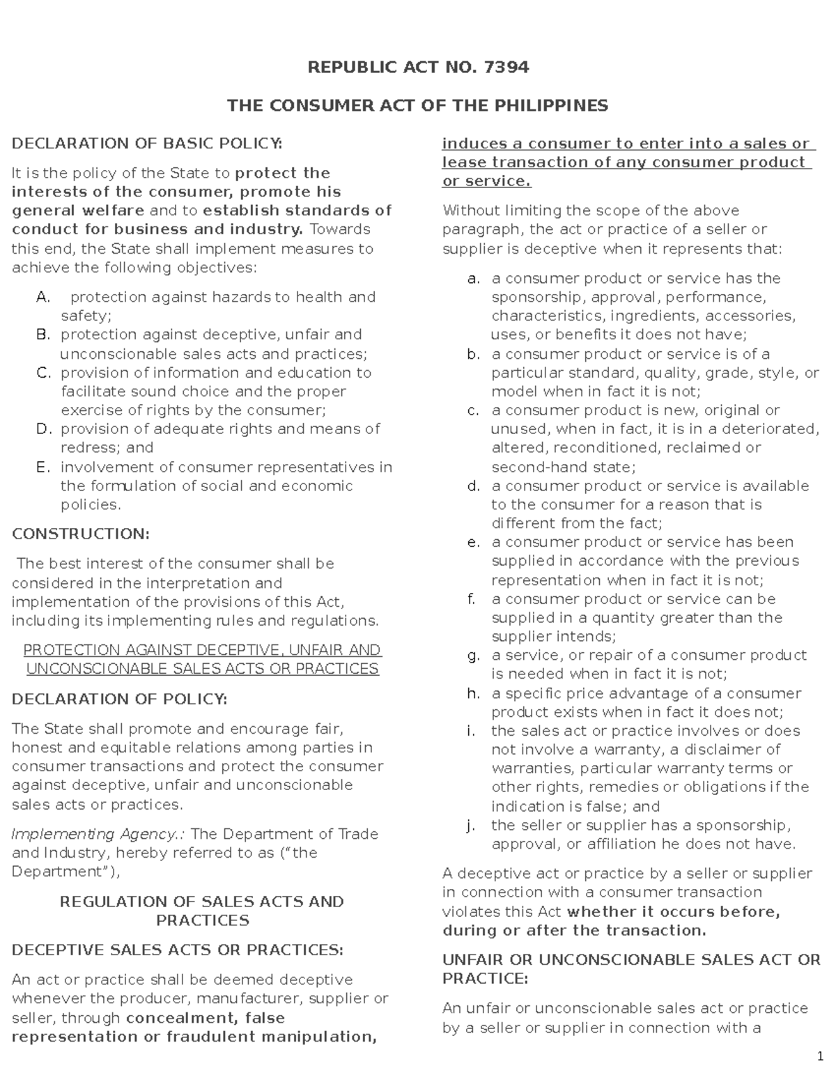The Consumer Act of the Philippines and Lemon Law (RA No. 7394 ...