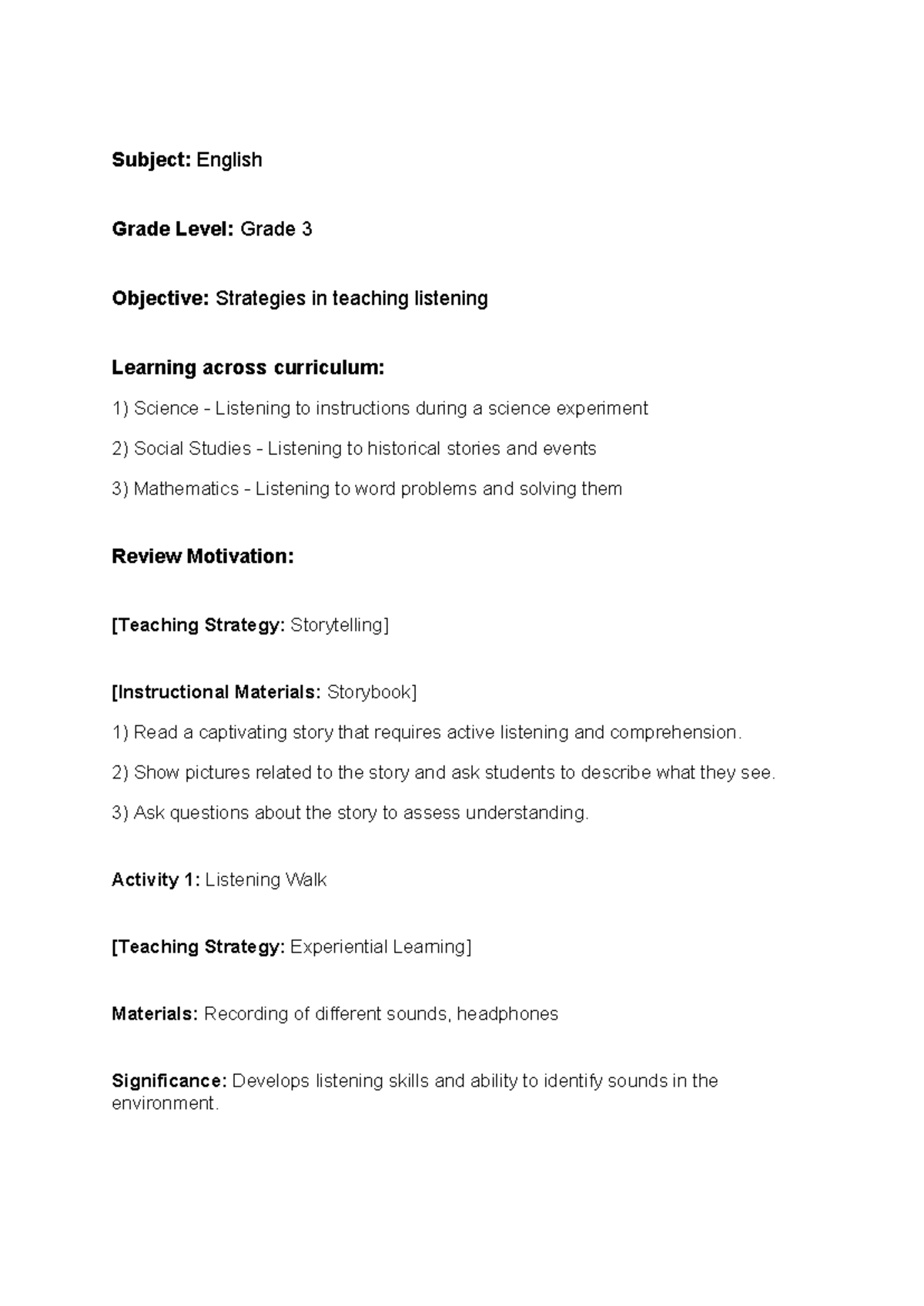 Lesson plan - Subject: English Grade Level: Grade 3 Objective ...