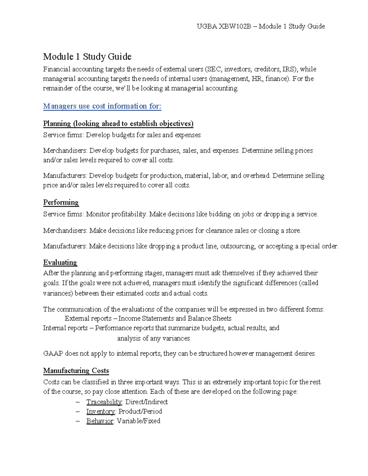 Module 1 Study Guide - Summary Managerial Accounting - UGBA XBW102B ...