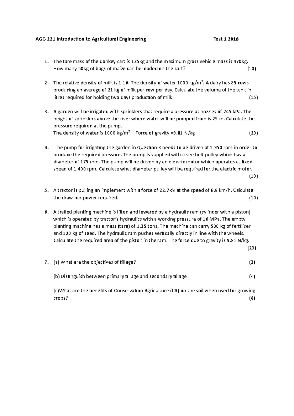 Test 1 July 2018, questions and answers - AGG 221 Introduction to ...