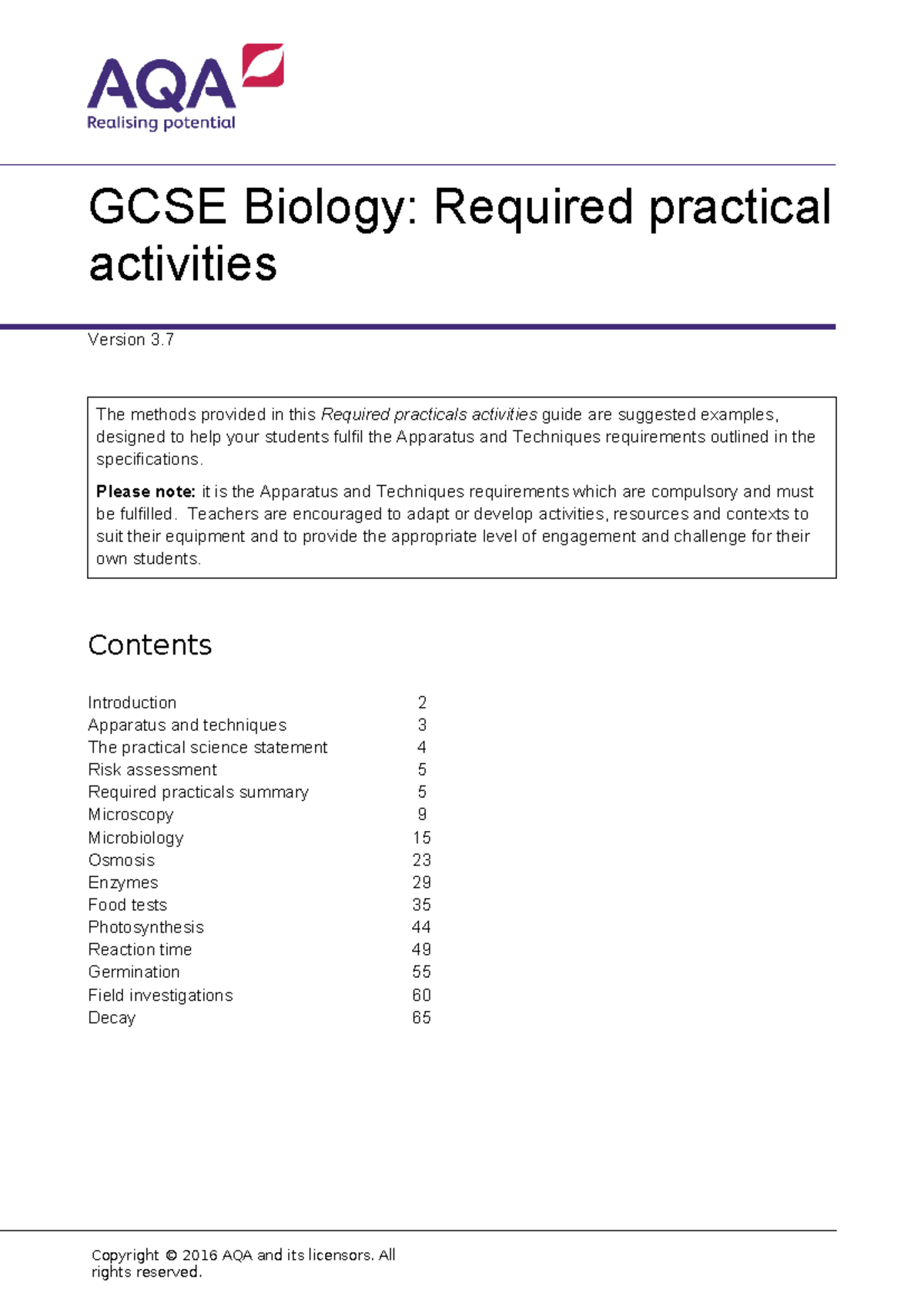 Aqa 8461 Practicals Gcse Biology Required Practical Activities Version 3 The