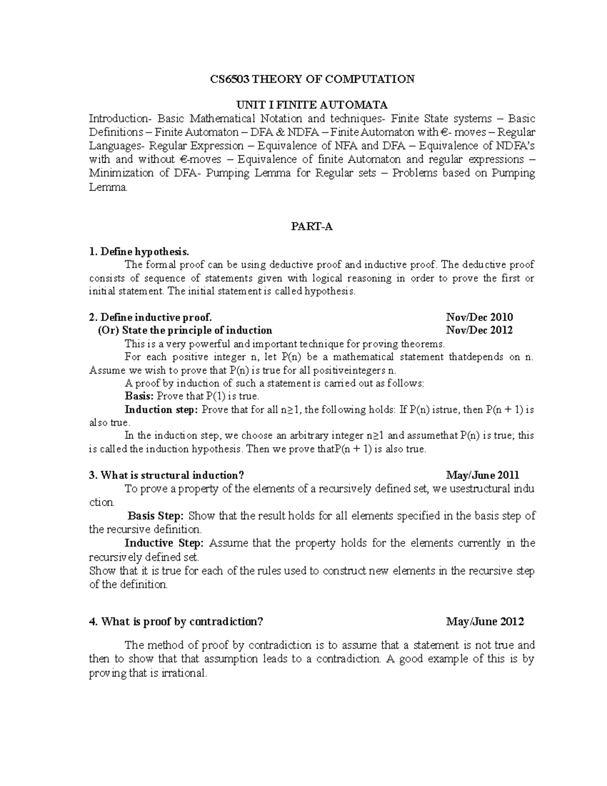 Cs6503 Theory Of Computation Qb Cs6503 Theory Of Computation Unit I Finite Automata