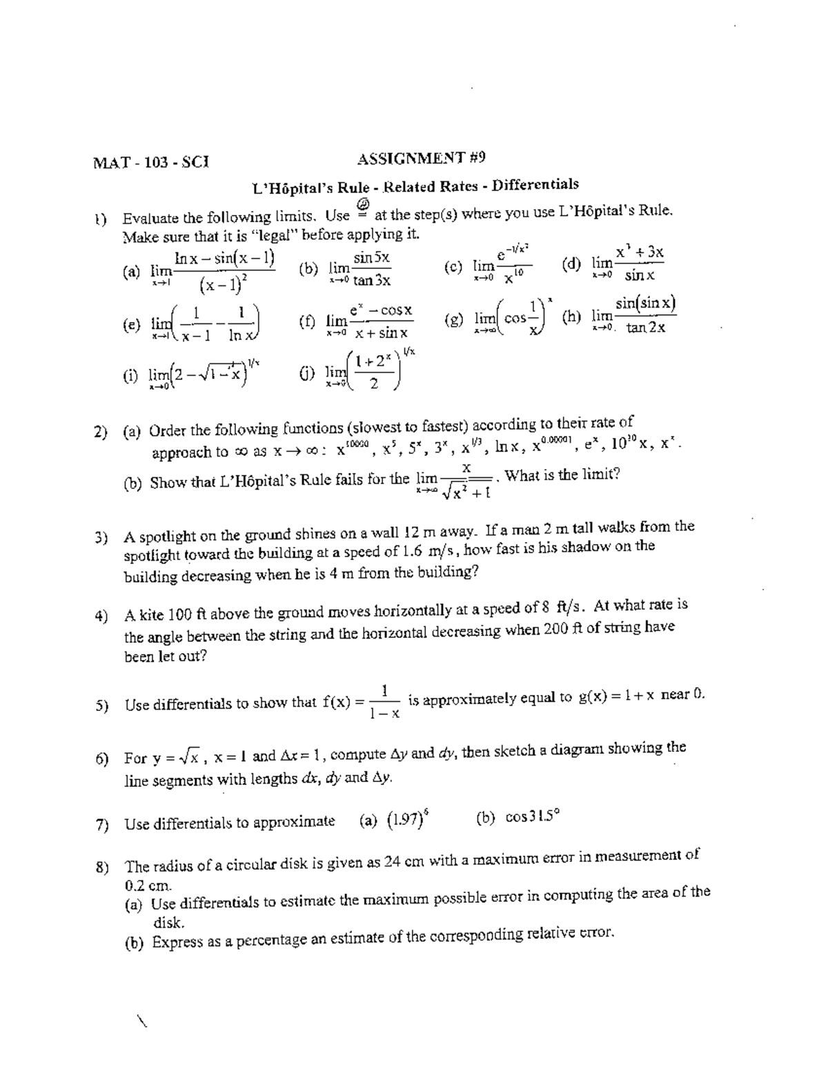 Assignment 9. L'Hopital's Rule - Related Rates - Differentials - 300.A0 ...