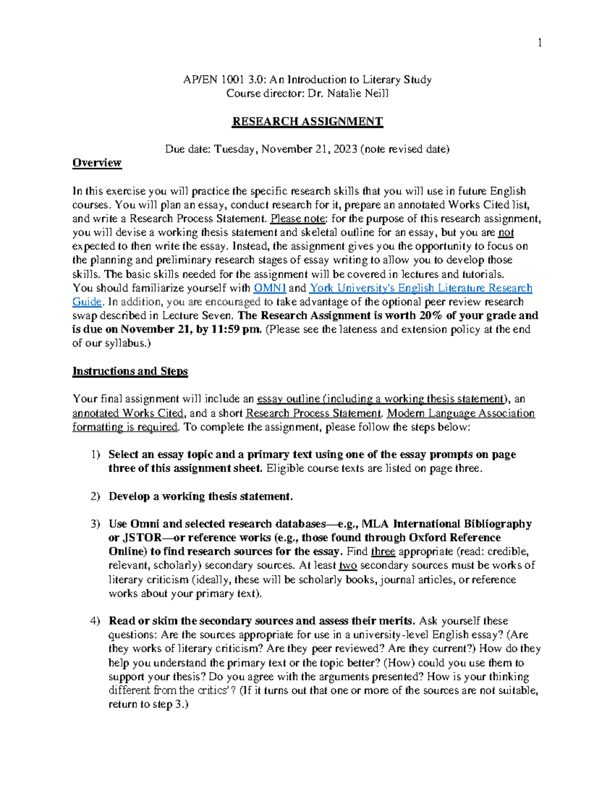 Research Assignment - AP/EN 1 001 3 .0: An Introduction to Literary ...