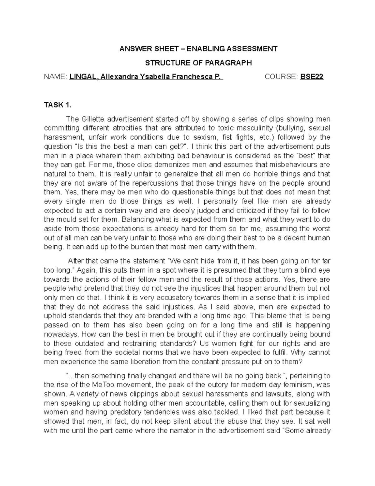 Enabling Assessment - Grade: 100 - ANSWER SHEET – ENABLING ASSESSMENT ...