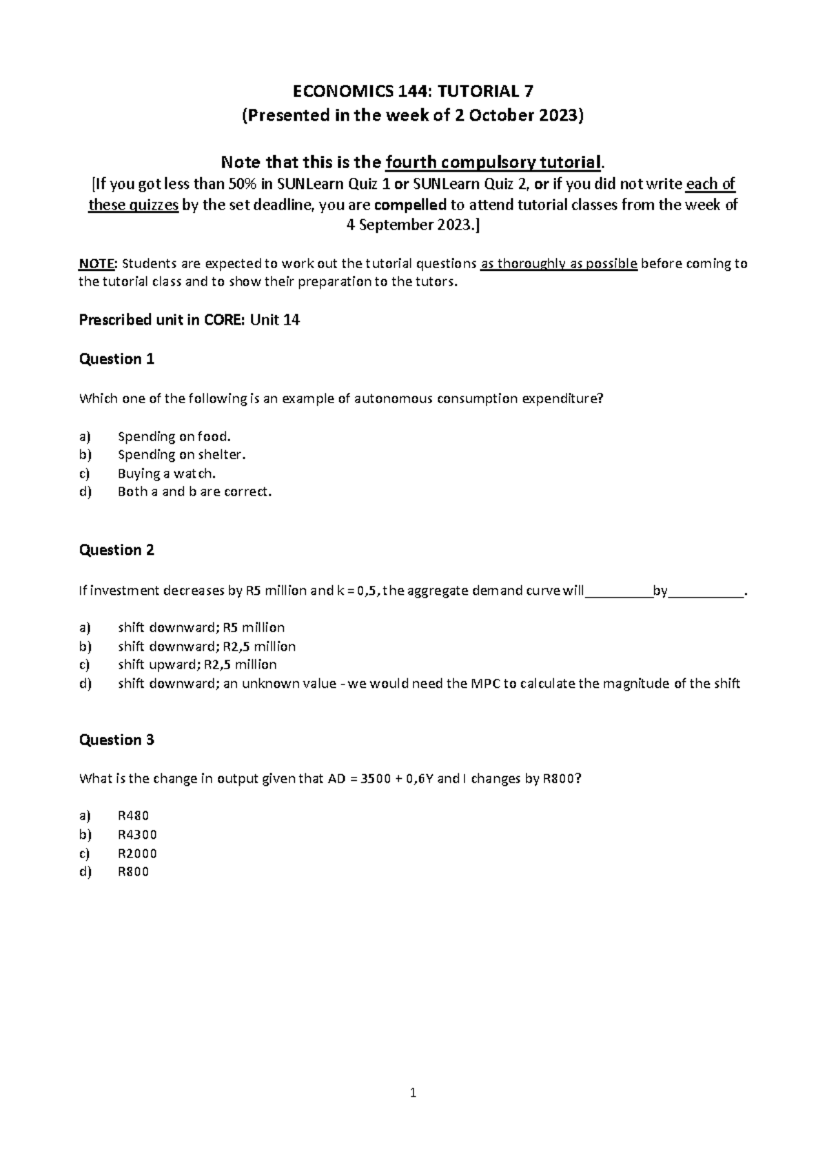 Economics 144 Tutorial 7 - Ekonomie 144 Tutoriaal 7 - ECONOMICS 144 ...