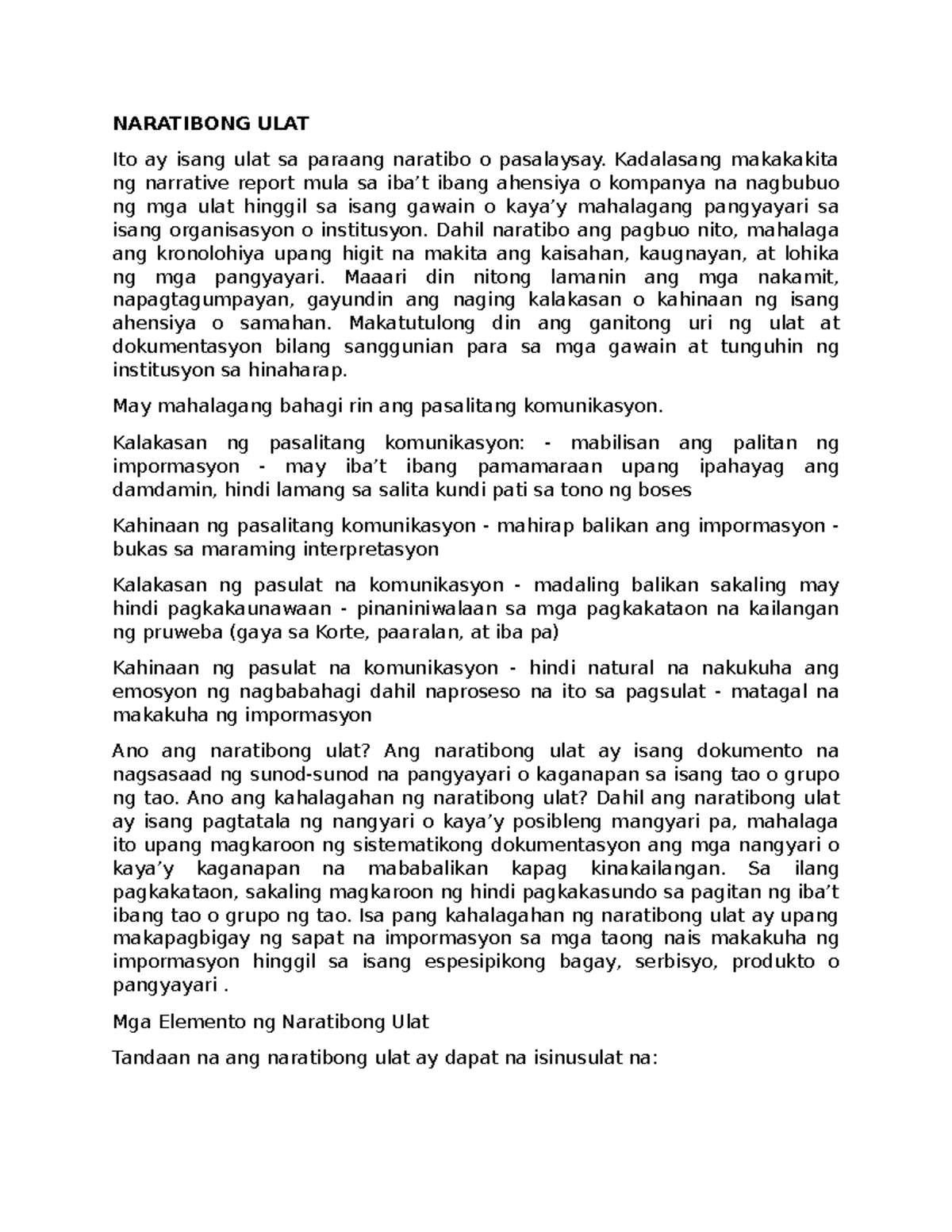 Naratibong-ULAT - Yes yo - NARATIBONG ULAT Ito ay isang ulat sa paraang ...