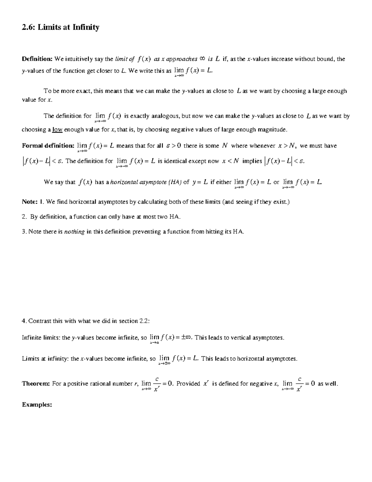 2 - Section 2.6 study guide + examples - 2: Limits at Infinity ...