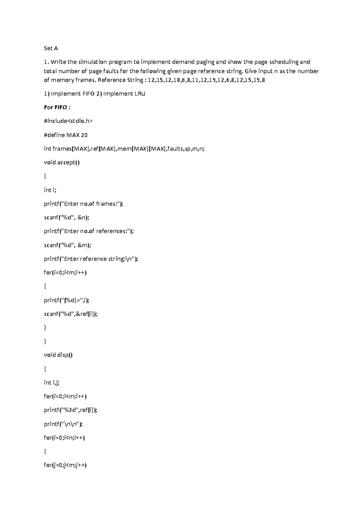 Assignment No. 4 Demand Paging(SET A) with correct output - Set A Write the simulation program ...