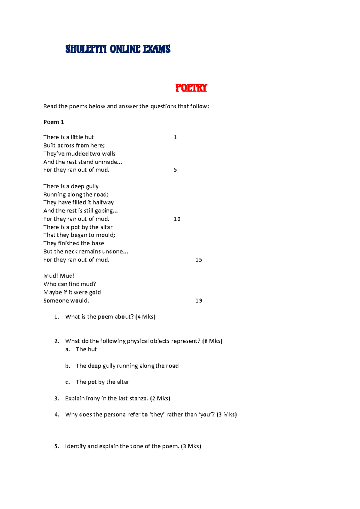 English Poetry Q&A - SHULEFITI ONLINE EXAMS POETRY Read the poems below ...