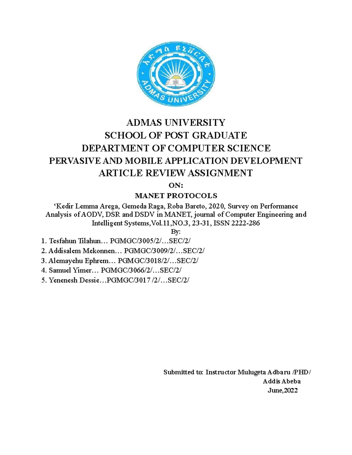 Manet Article Review 1st Assignment - ADMAS UNIVERSITY SCHOOL OF POST ...