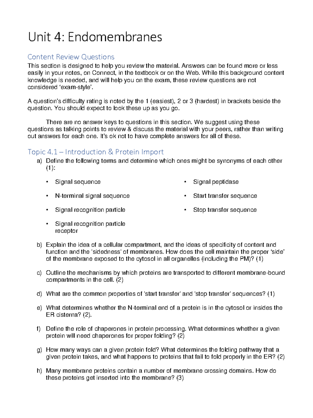 Unit 4 Problem Set - Practice Homework - Unit 4: Endomembranes Content Review Questions This ...