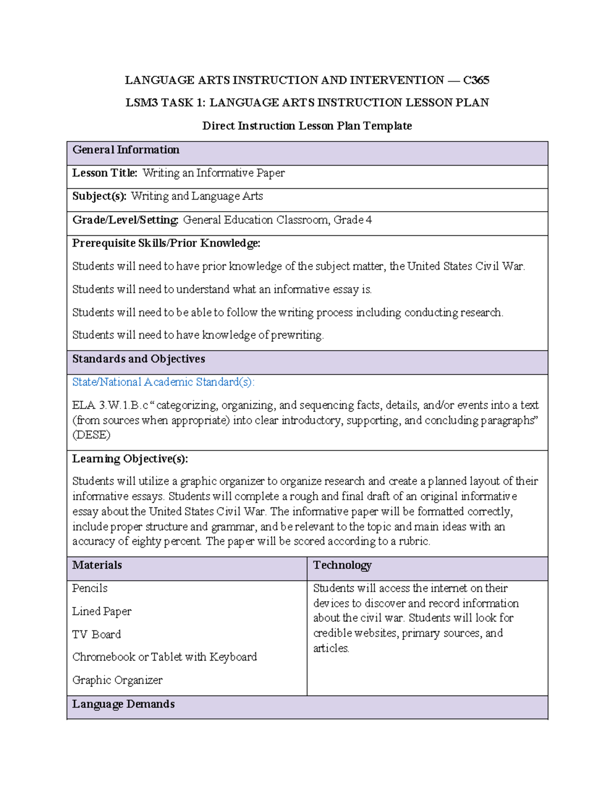 LSM3 TASK 1 Language ARTS Instruction Lesson PLAN C365 - LANGUAGE ARTS INSTRUCTION AND ...