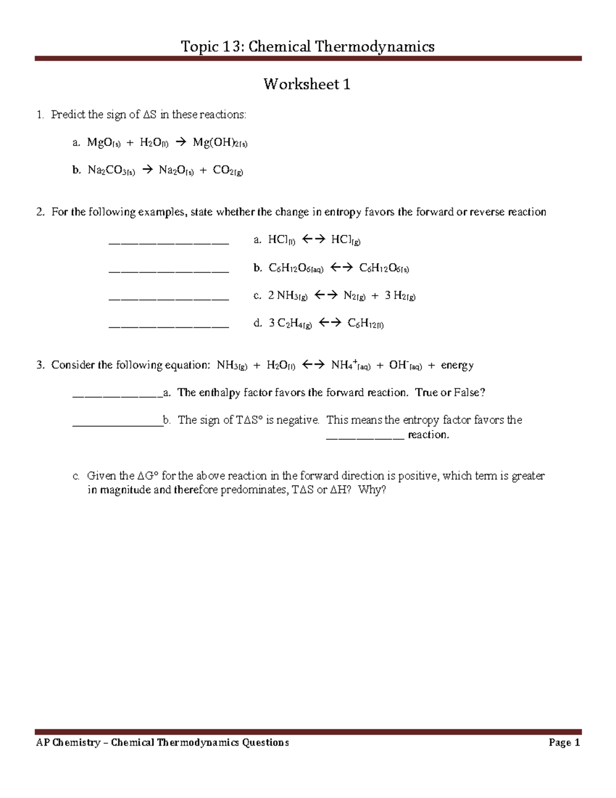 AP+Chem+Topic+13+Worksheet+1 - Topic 13: Chemical Thermodynamics AP ...