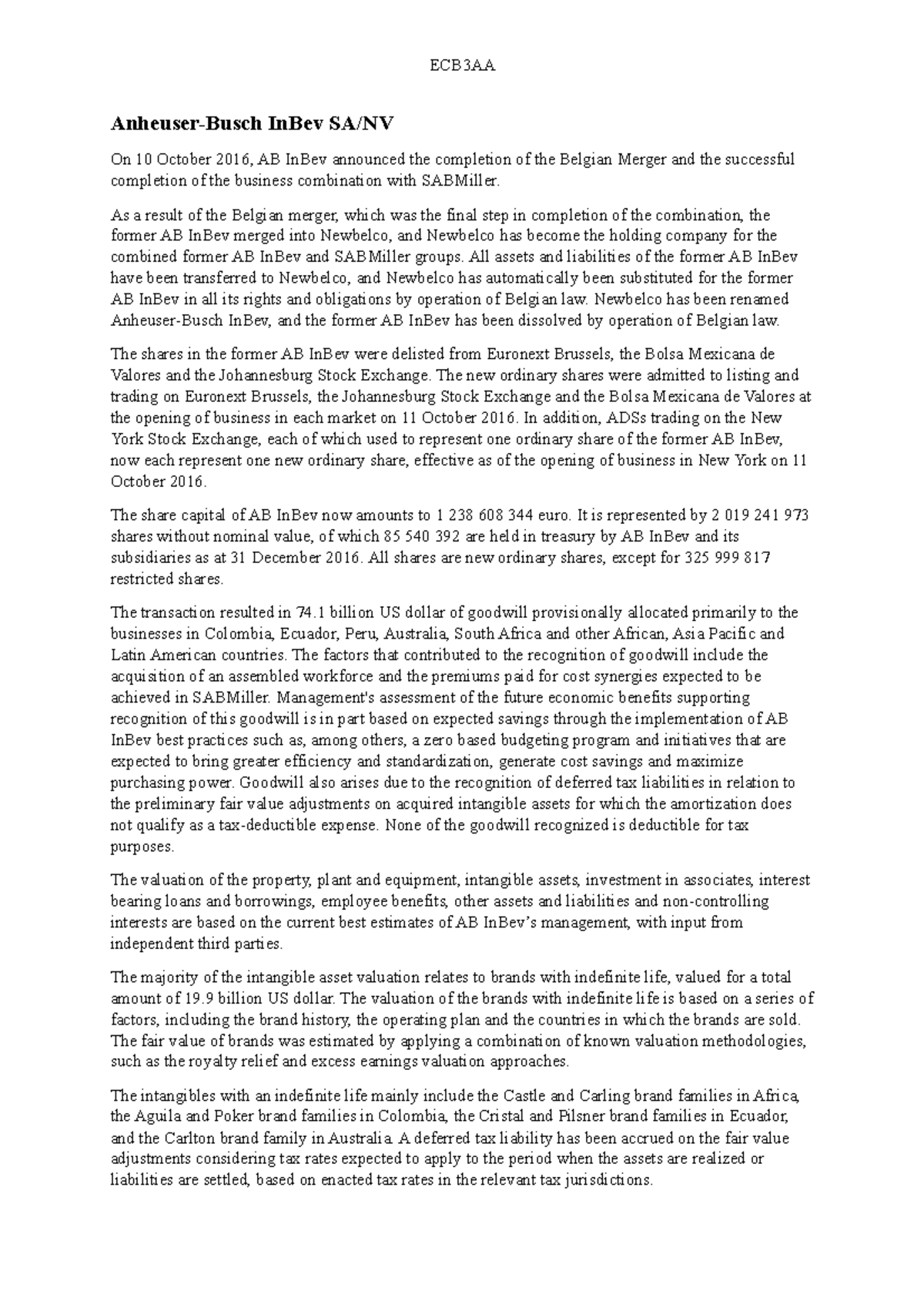 ABin Bev acquisition - ECB3AA Anheuser-Busch InBev SA/NV On 10 October ...