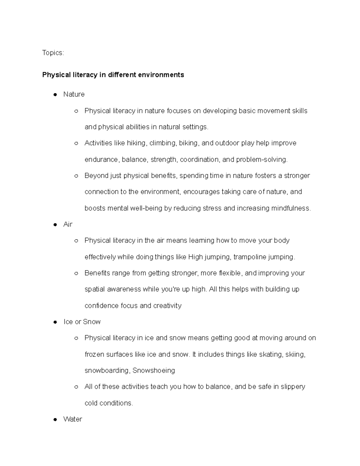 Final Exam Notes - Topics: Physical literacy in different environments ...