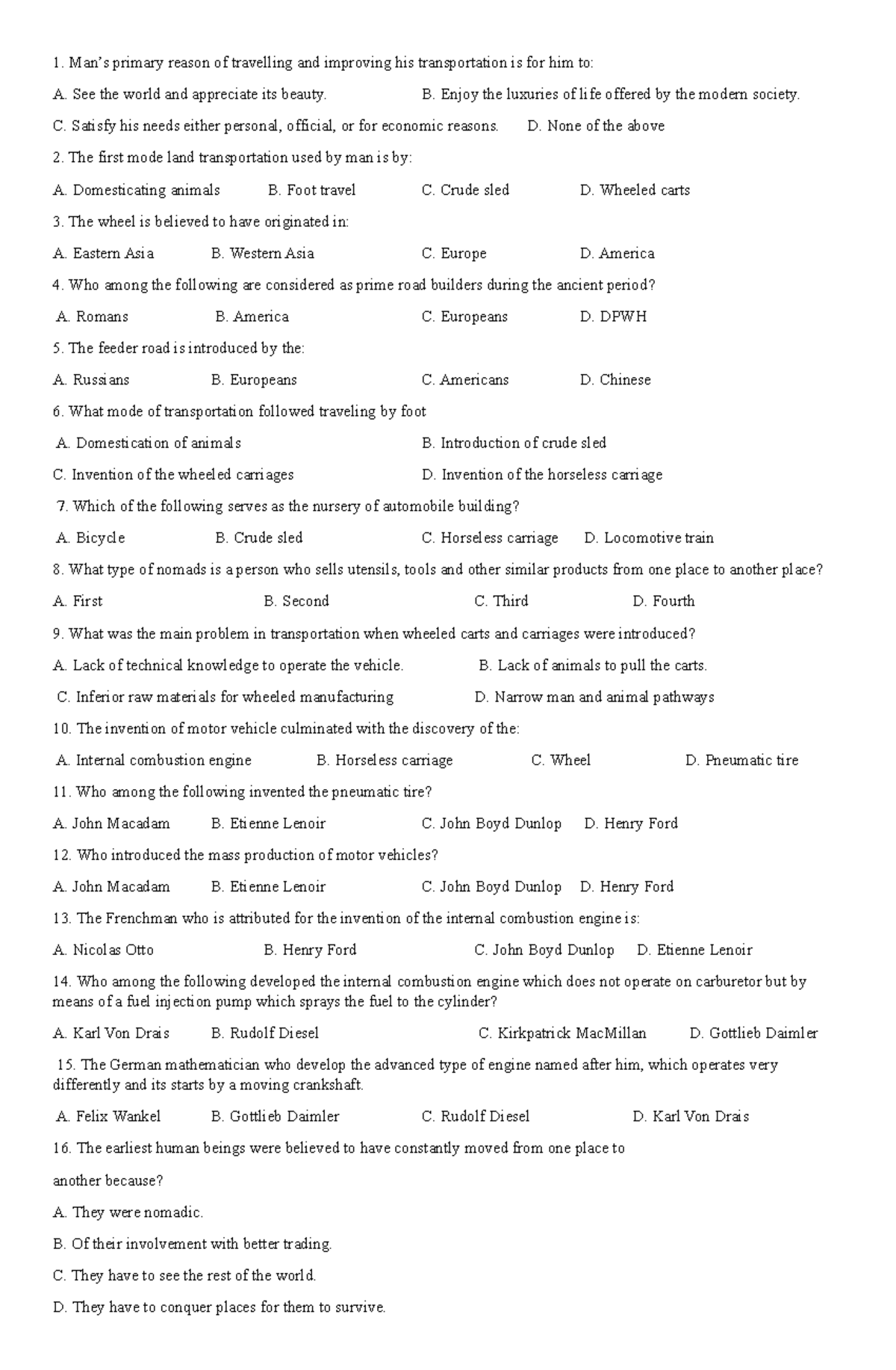 Quiz Traffic - Questionaire - Man’s primary reason of travelling and ...