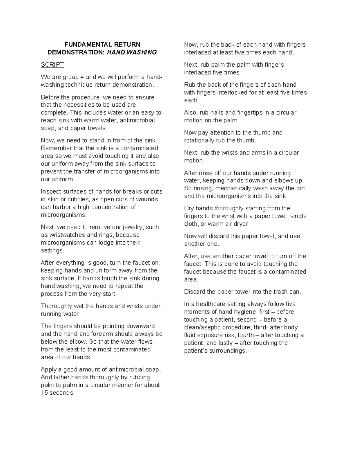 Fundamental Return Demenstration Handwashing - FUNDAMENTAL RETURN ...
