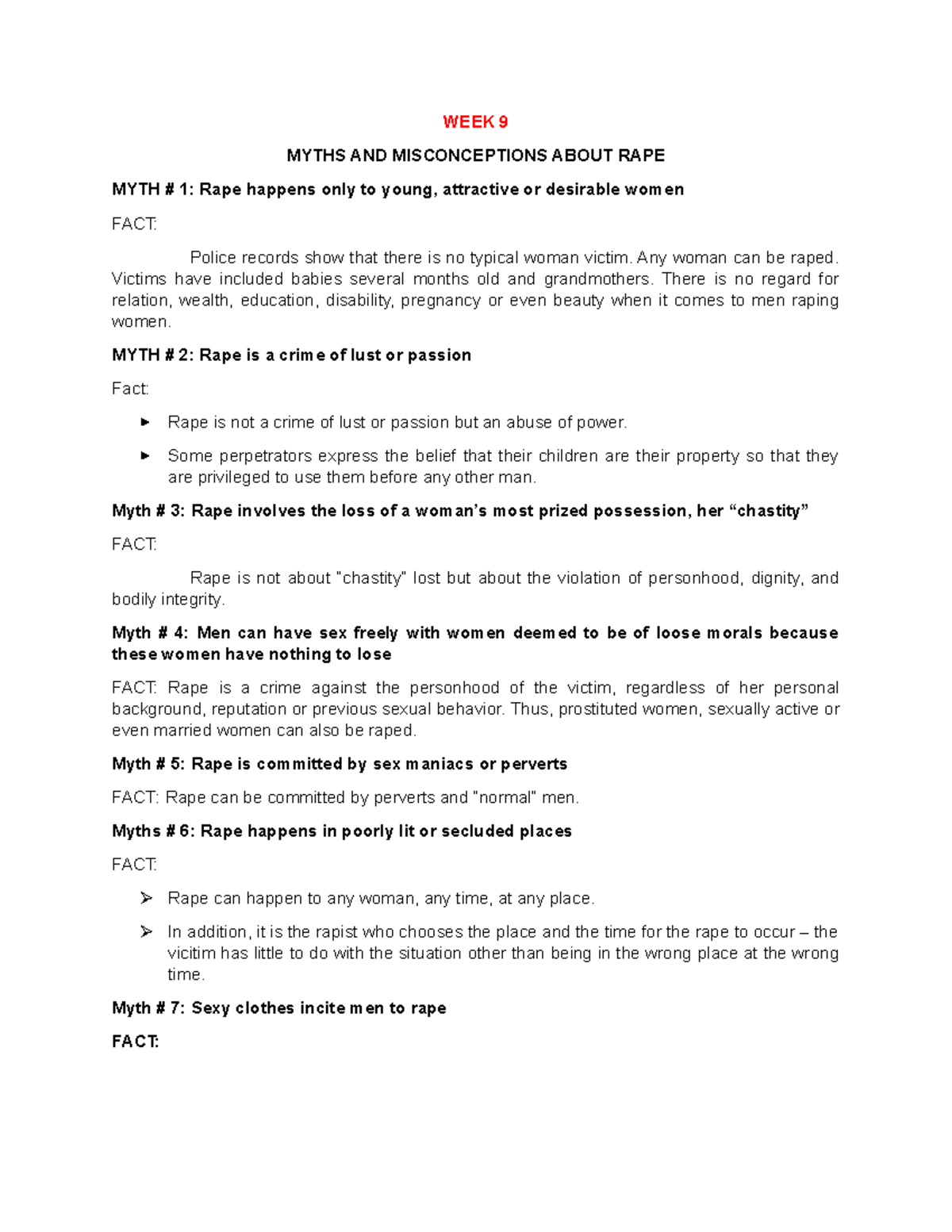 WEEK 9 - sexual assault - WEEK 9 MYTHS AND MISCONCEPTIONS ABOUT RAPE ...