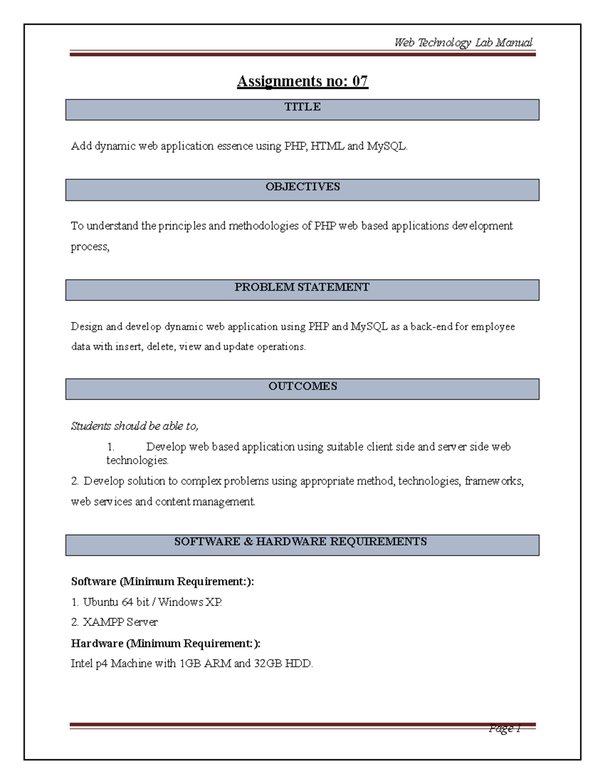 7 php and mysql assignmnet no 7 - Page 1 Assignments no: 07 Add dynamic web application essence ...