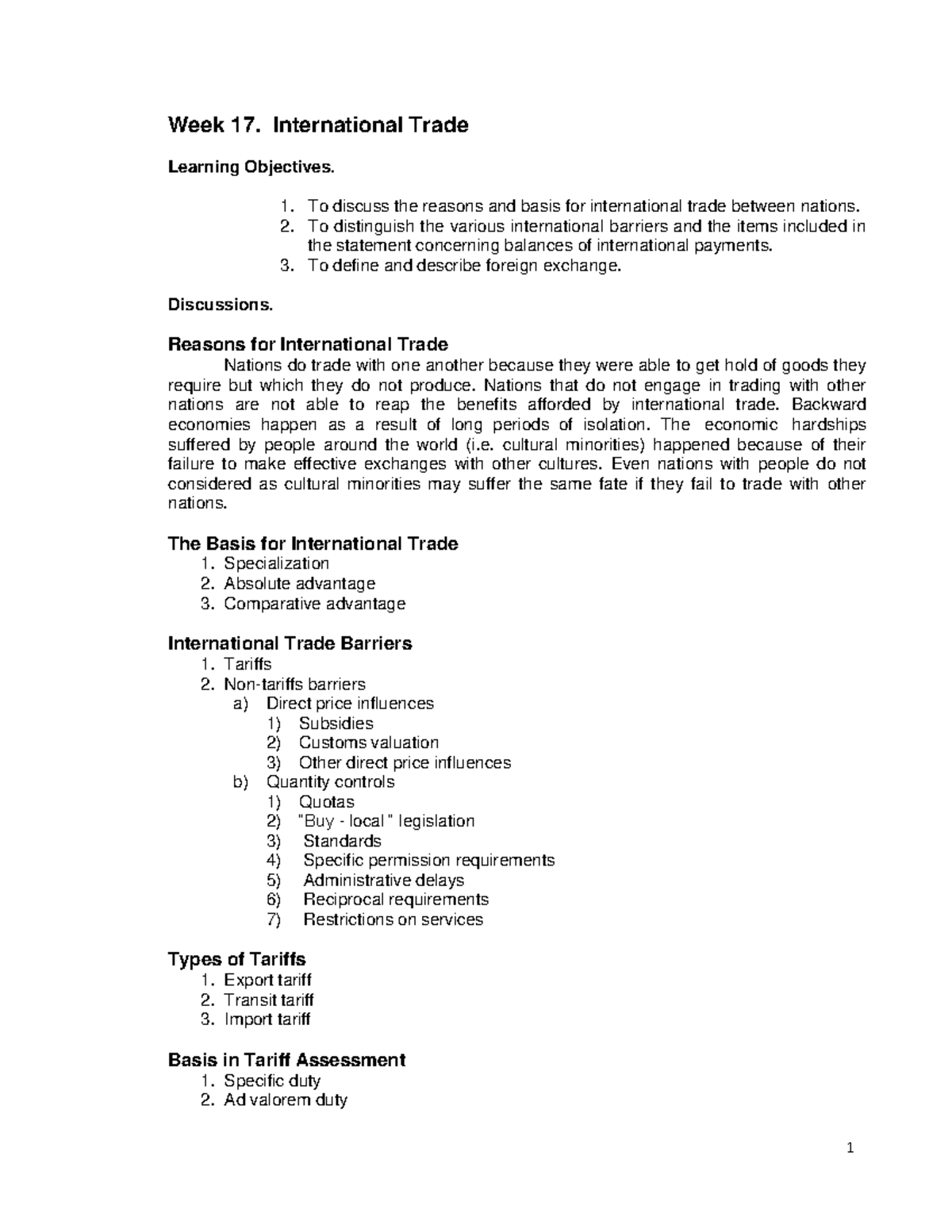 Econ 1 - International Trade - 1 Week 17. International Trade Learning ...