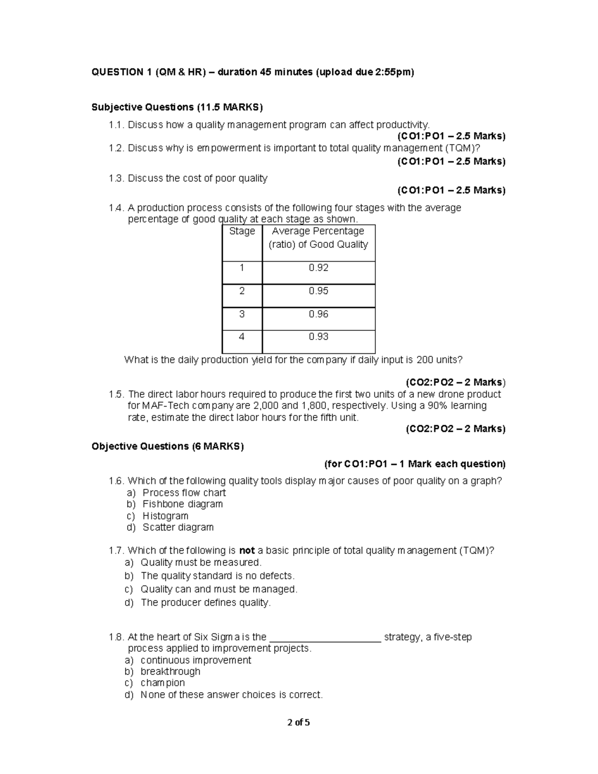 Operation Management Test1 Question 1 (2020/2021) - 2 of 5 QUESTION 1 ...