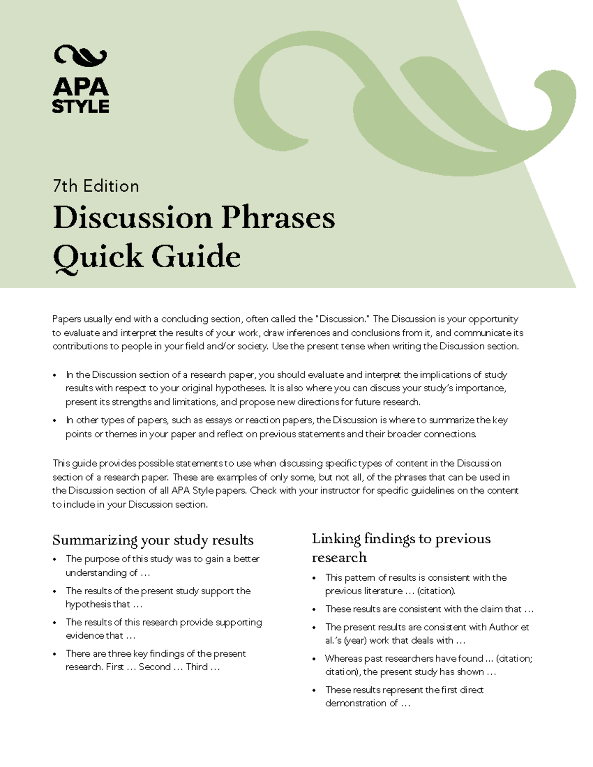 APA Style 7th Ed - 7th Edition Discussion Phrases Quick Guide Papers ...