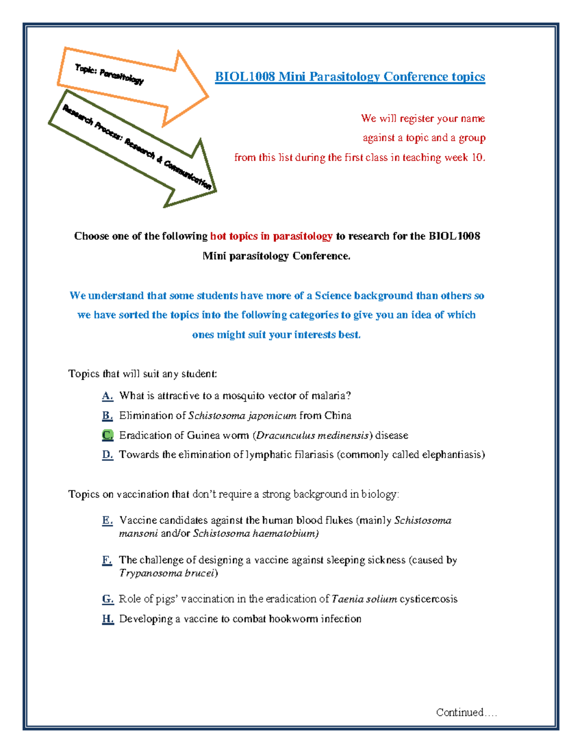 Topics list 2024 - Continued.... BIOL1008 Mini Parasitology Conference ...