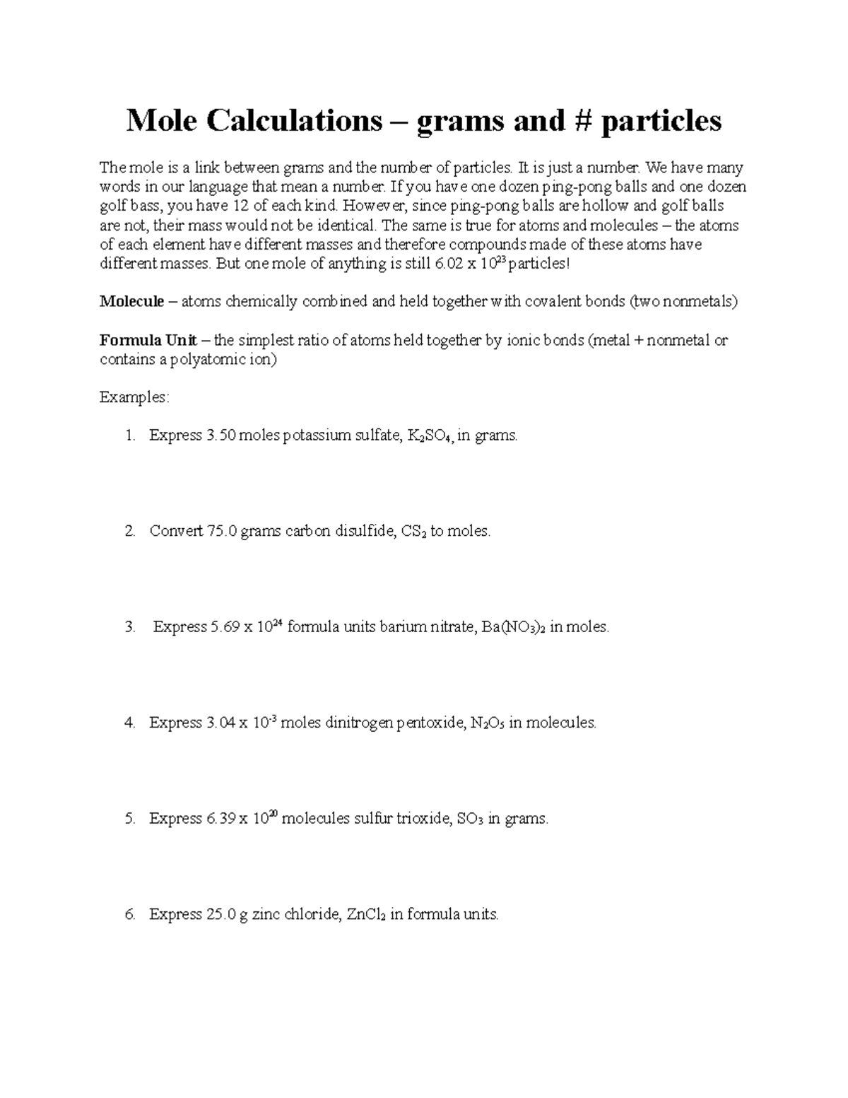 03 Mole Calculations grams and particles - Mole Calculations – grams ...