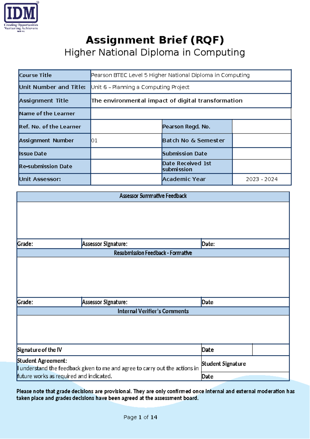 1Assignment Brief - Planning a Computing Project - Assignment Brief ...
