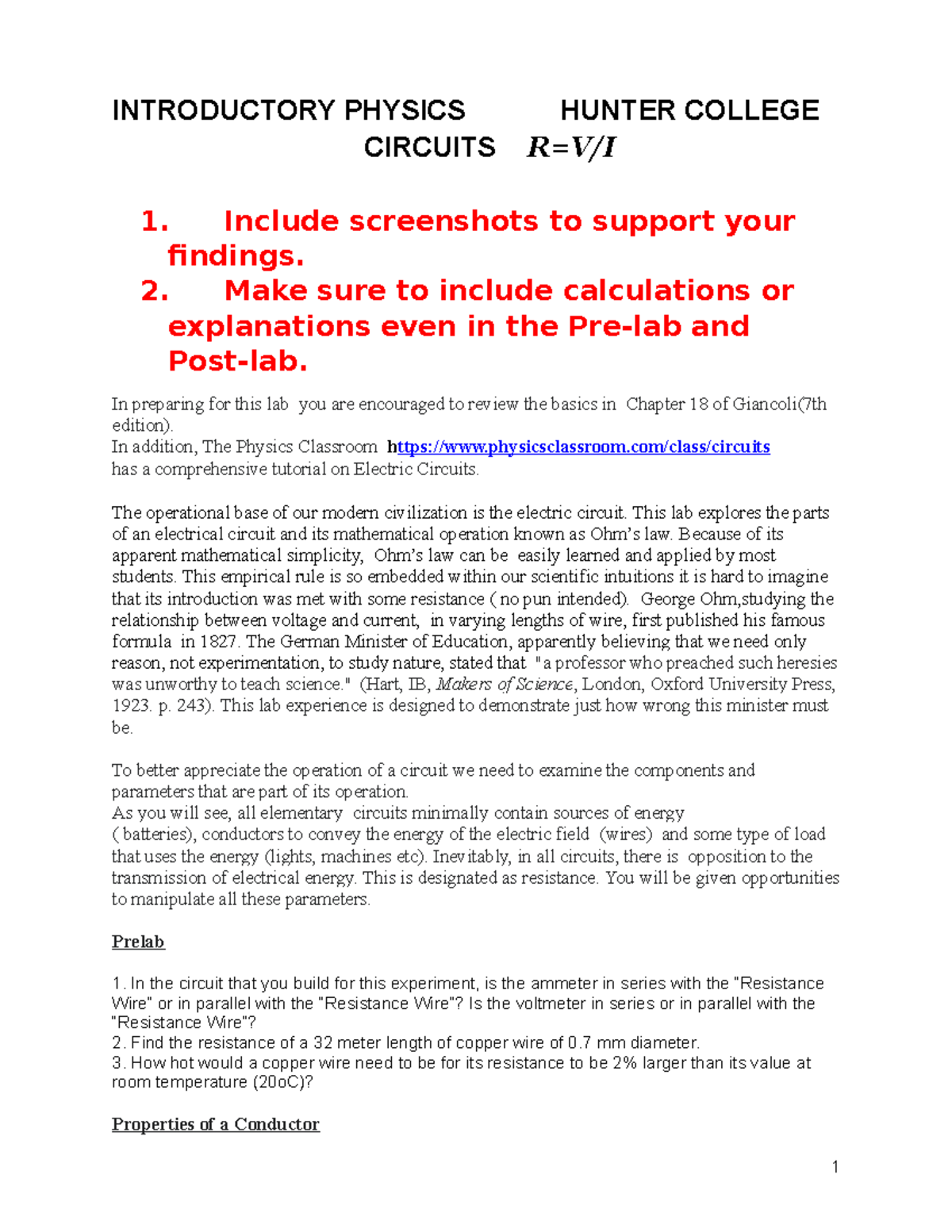 003 Circuits - Physics - INTRODUCTORY PHYSICS HUNTER COLLEGE CIRCUITS R ...