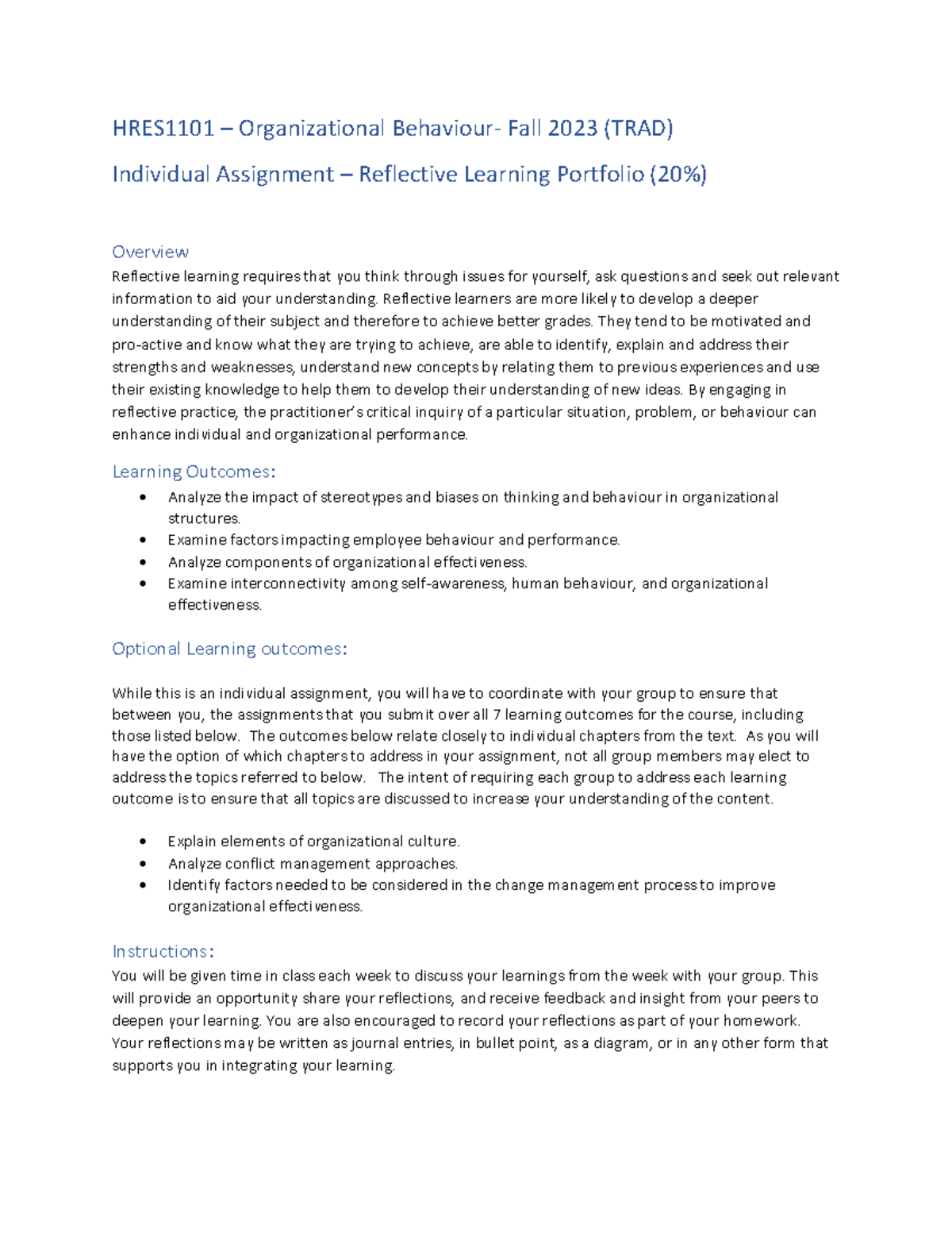 23F TRAD - Individual reflection portfolio - HRES1101 – Organizational ...