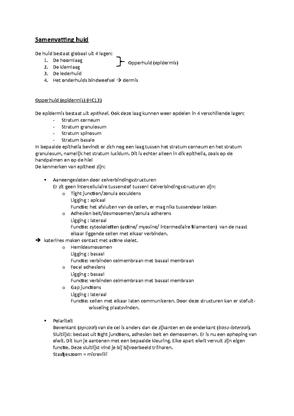 Samenvatting huid - De hoornlaag 2. De kiemlaag 3. De lederhuid 4. Het ...