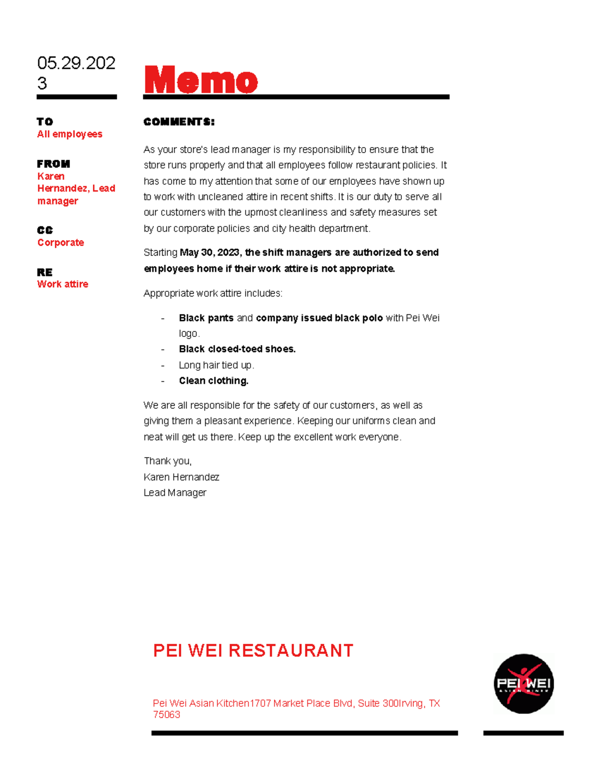 Correspondence project memo - 05. 3 Memo TO All employees FROM Karen ...