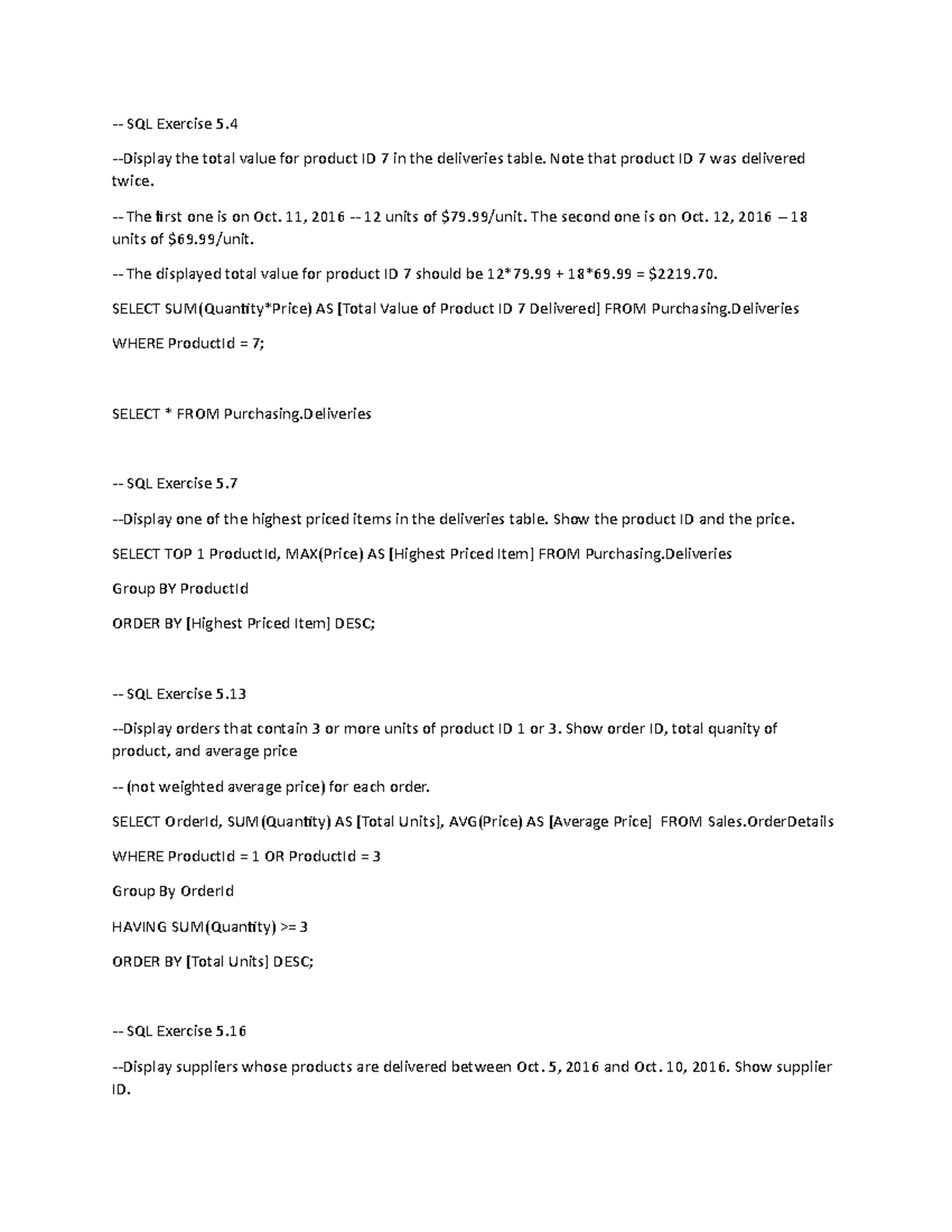 CISS 202 Drop Box 5 - Complete sql for dropbox5 - SQL Exercise 5 ...