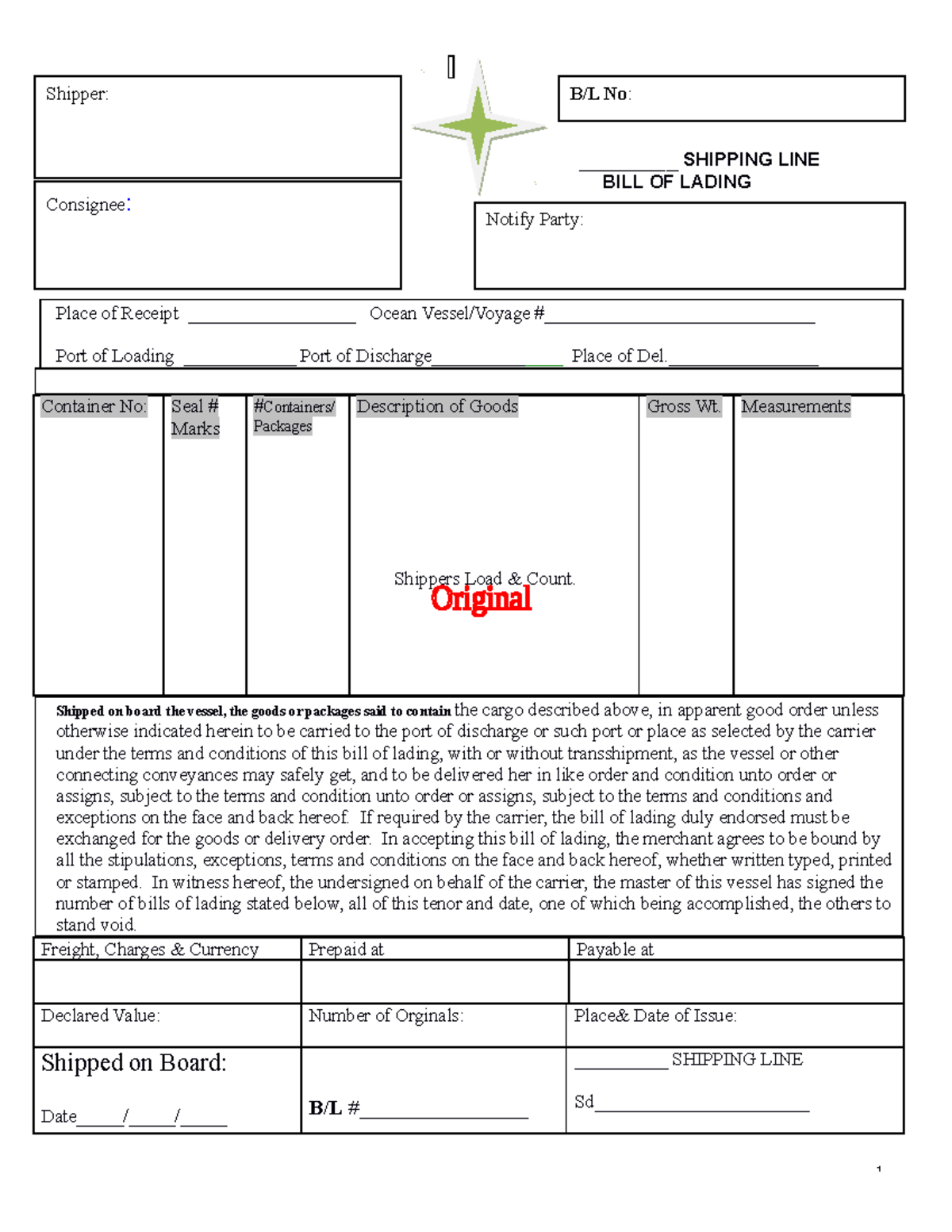 Blank Export Documents - ________ SHIPPING LINE BILL OF LADING Place of ...