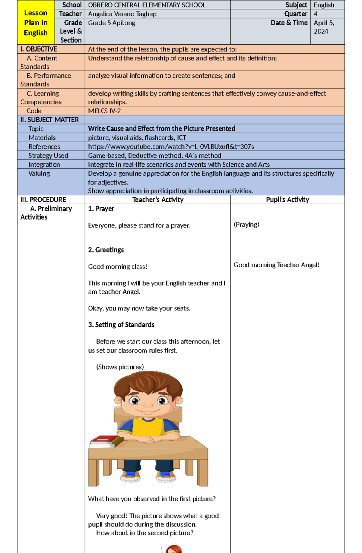 English 5 Lesson Plan Angelica - Lesson Plan in English School OBRERO ...