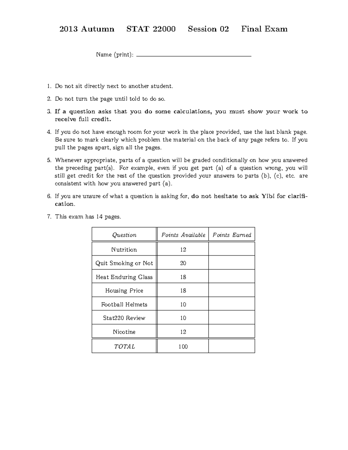220Final 13Aut - test - 2013 Autumn STAT 22000 Session 02 Final Exam ...